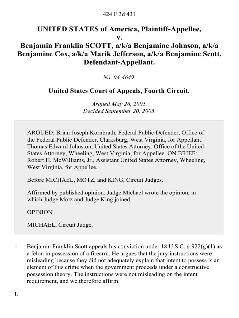United States v. Benjamin Franklin Scott, A/K/A Benjamine Johnson, A/K ...