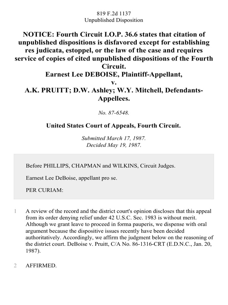 Earnest Lee Deboise v. A.K. Pruitt D.W. Ashley W.Y. Mitchell, 819 F.2d ...