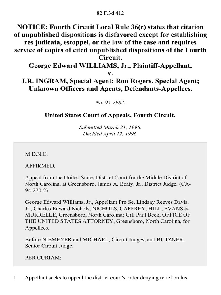 Fourth Circuit Affirms Williams v. Ingram | PDF | Law