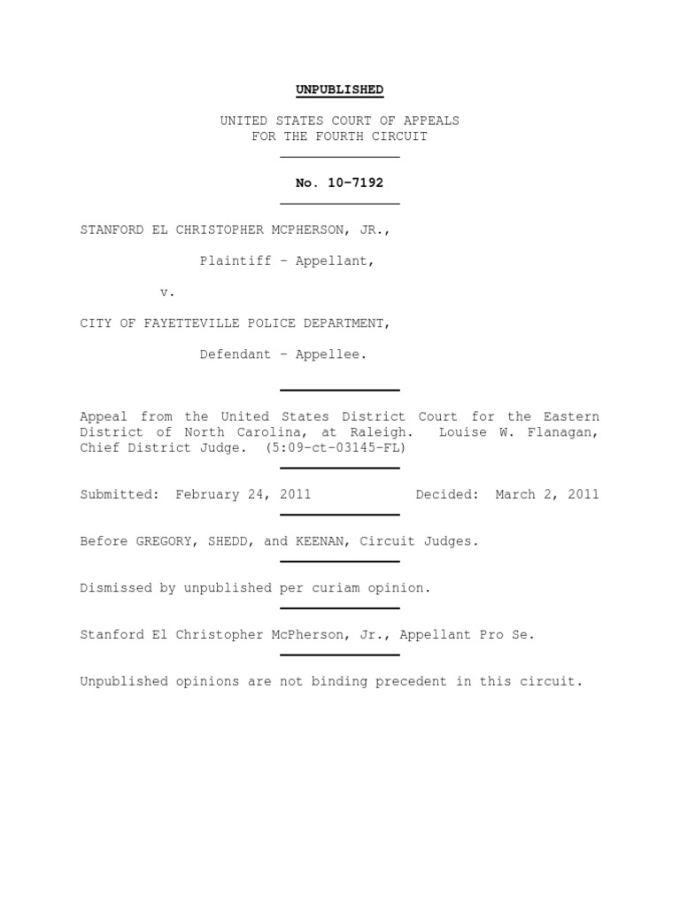 McPherson v. City of Fayetteville Police Dept., 4th Cir. (2011) | PDF | Law