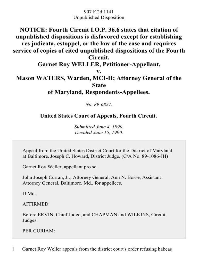 Garnet Roy Weller v. Mason Waters, Warden, McI Attorney General of The State of Maryland, 907 F ...