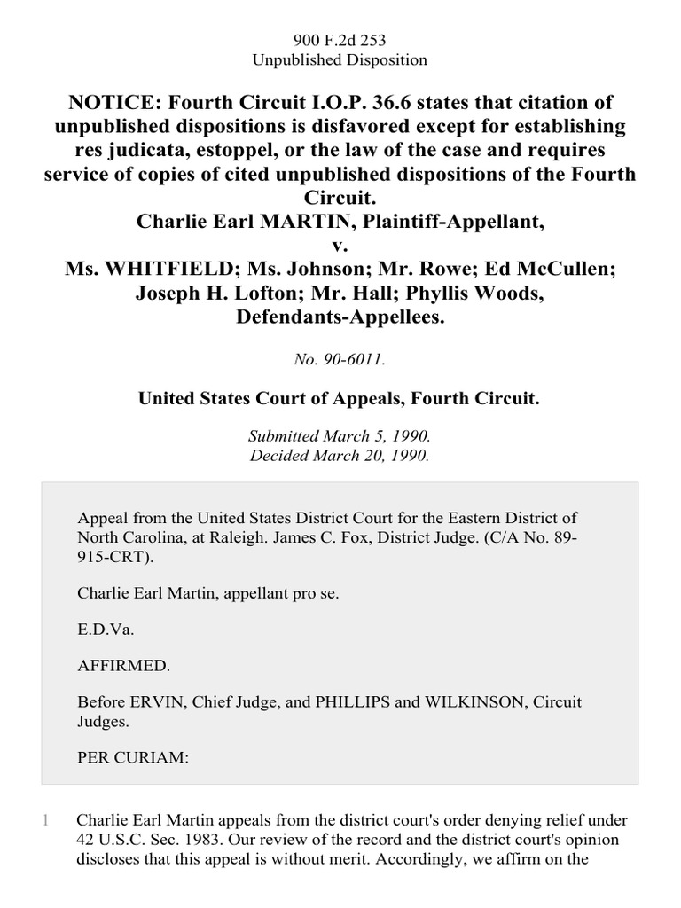 Charlie Earl Martin v. Ms. Whitfield Ms. Johnson Mr. Rowe Ed McCullen ...
