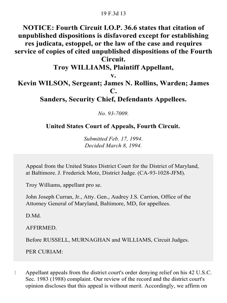 Troy Williams v. Kevin Wilson, Sergeant James N. Rollins, Warden James ...