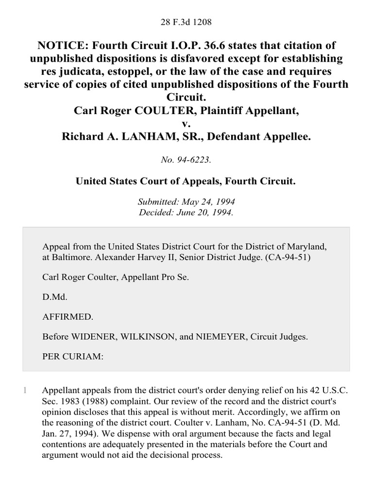 Carl Roger Coulter v. Richard A. Lanham, SR., 28 F.3d 1208, 4th Cir ...