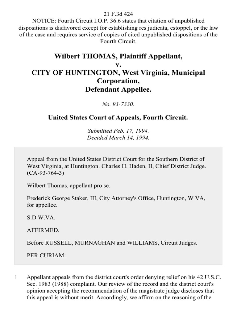 Wilbert Thomas v. City of Huntington, West Virginia, Municipal ...