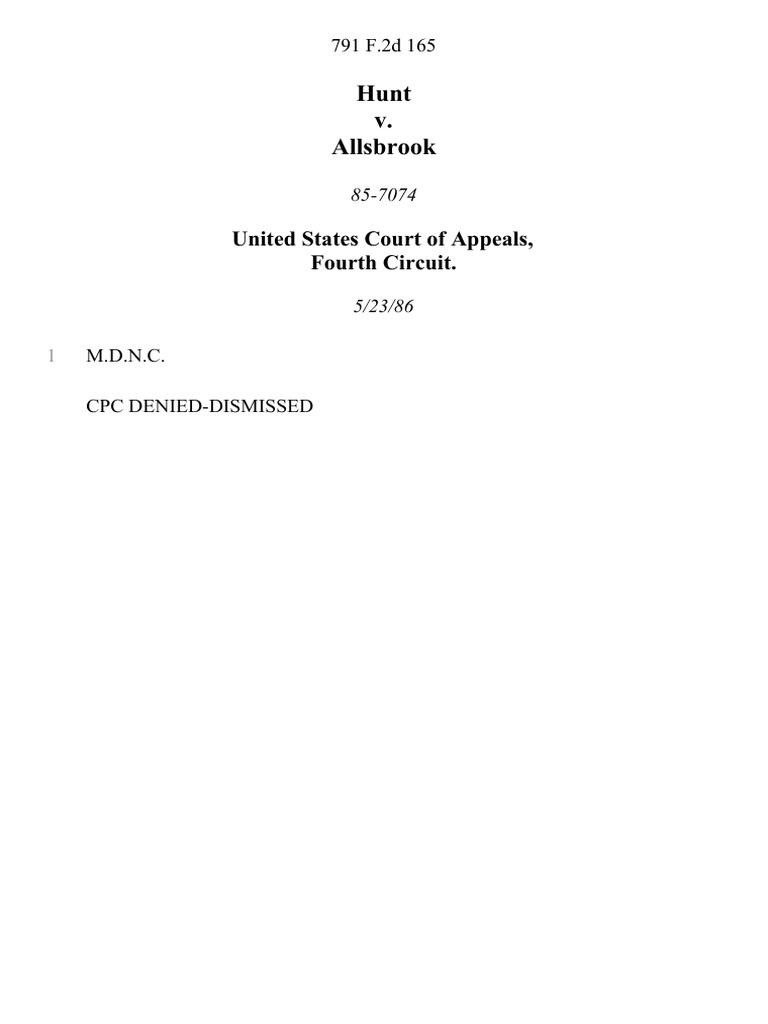 Hunt v. Allsbrook, 791 F.2d 165, 4th Cir. (1986) | PDF