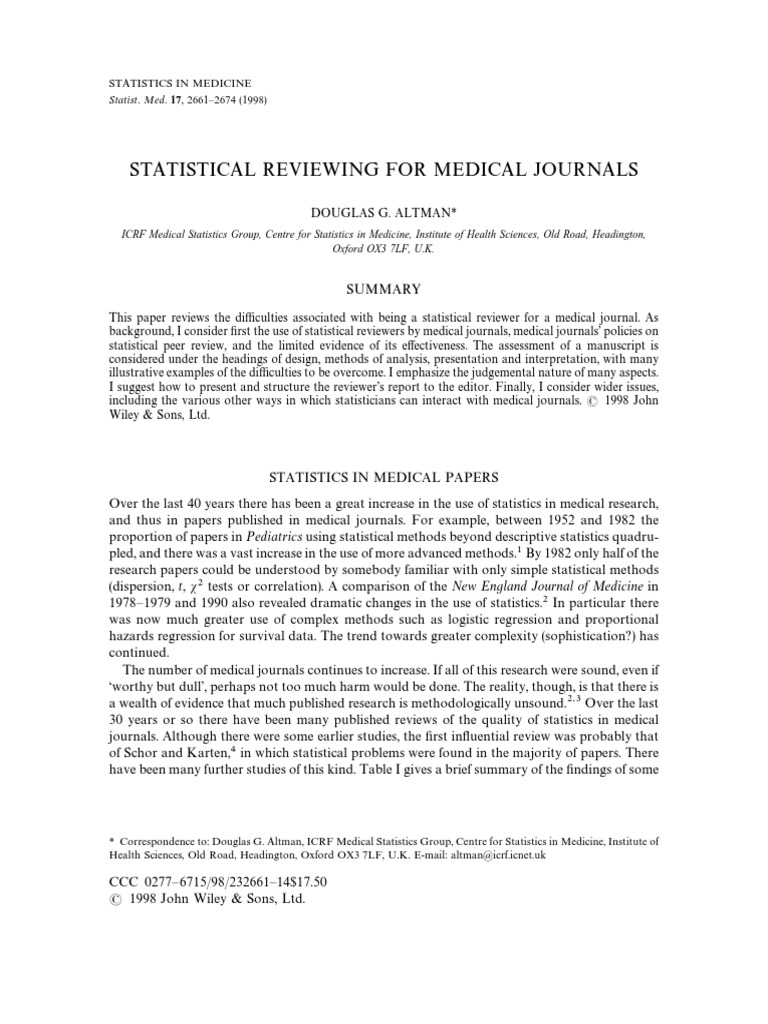Statistical Reviewing For Medical Journals: Statistics in Medicine ...
