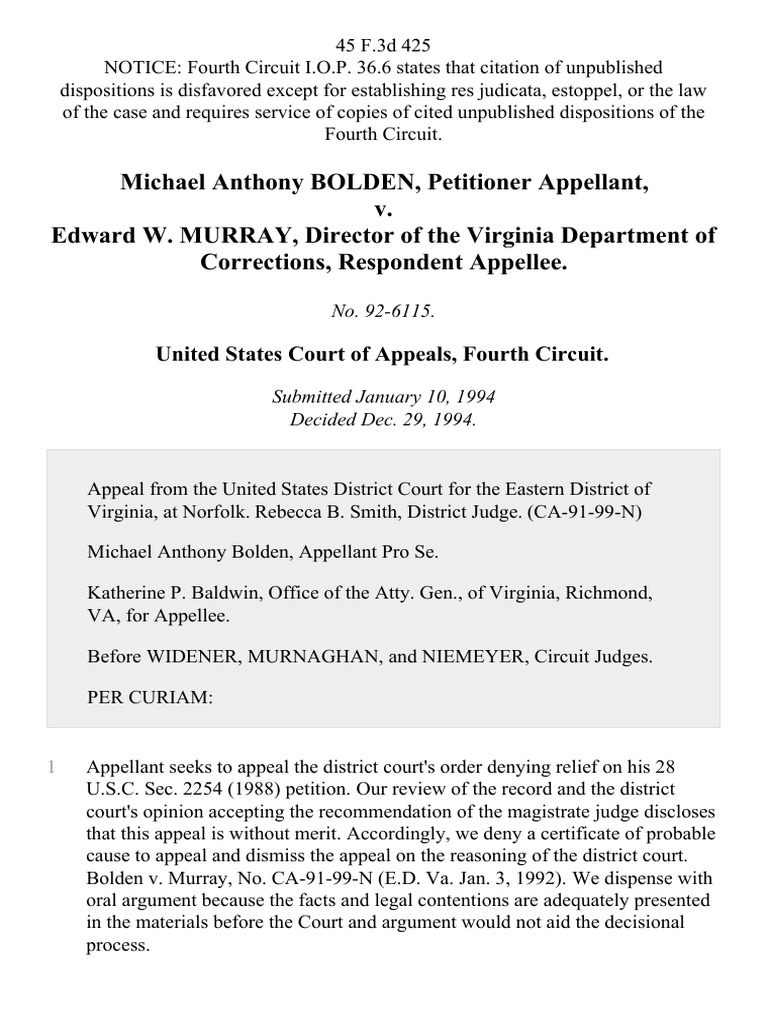 Bolden v. Murray Appeal Dismissal | PDF | Politics