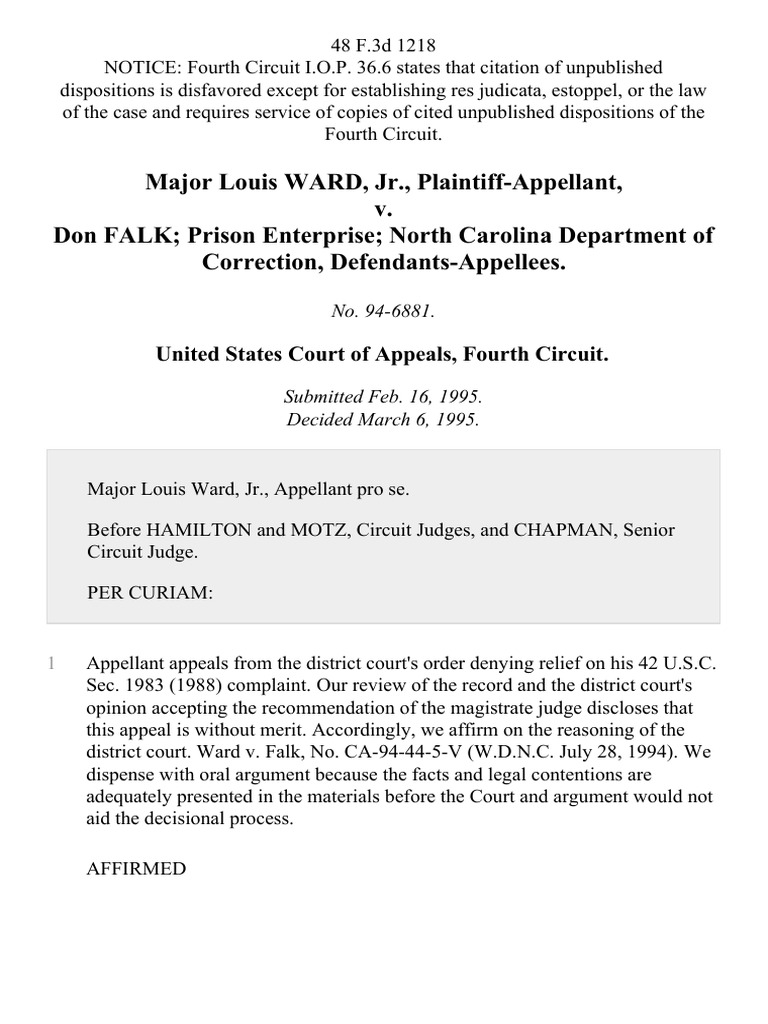 Major Louis Ward, Jr. v. Don Falk Prison Enterprise North Carolina Department of Correction, 48 ...