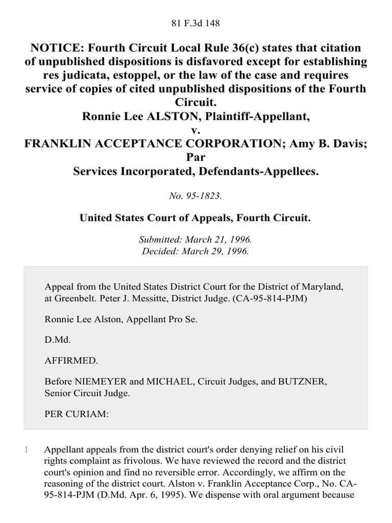 Alston v. Franklin Acceptance Corp. Appeal | PDF | Politics | Law