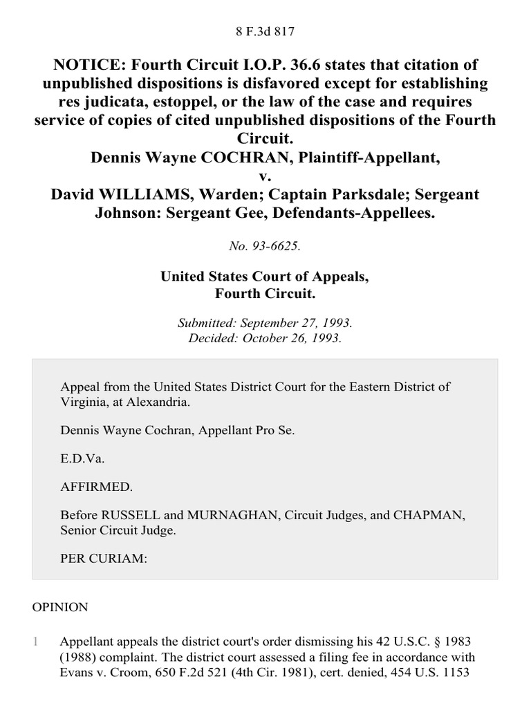 Dennis Wayne Cochran v. David Williams, Warden Captain Parksdale ...
