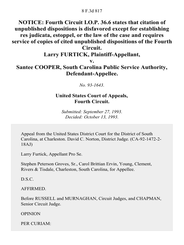 Larry Furtick v. Santee Cooper, South Carolina Public Service Authority ...