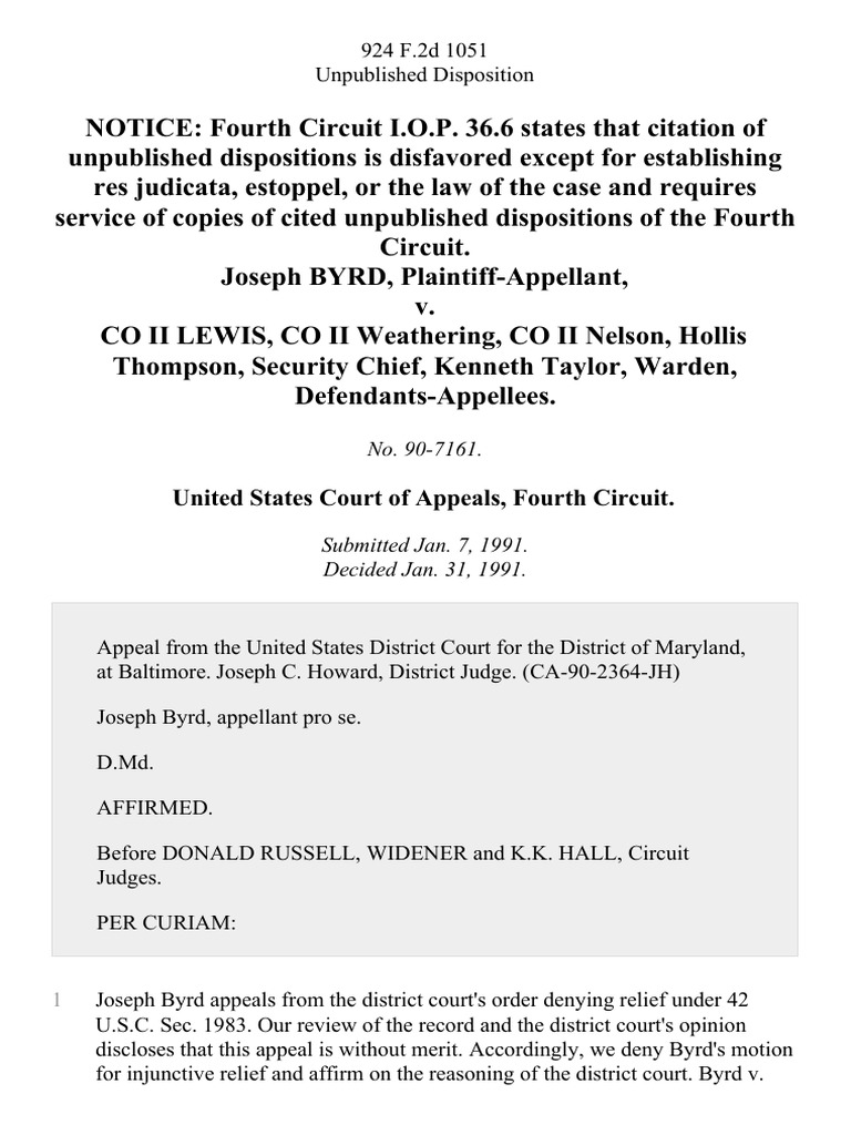 Joseph Byrd v. Co II Lewis, Co II Weathering, Co II Nelson, Hollis Thompson, Security Chief ...