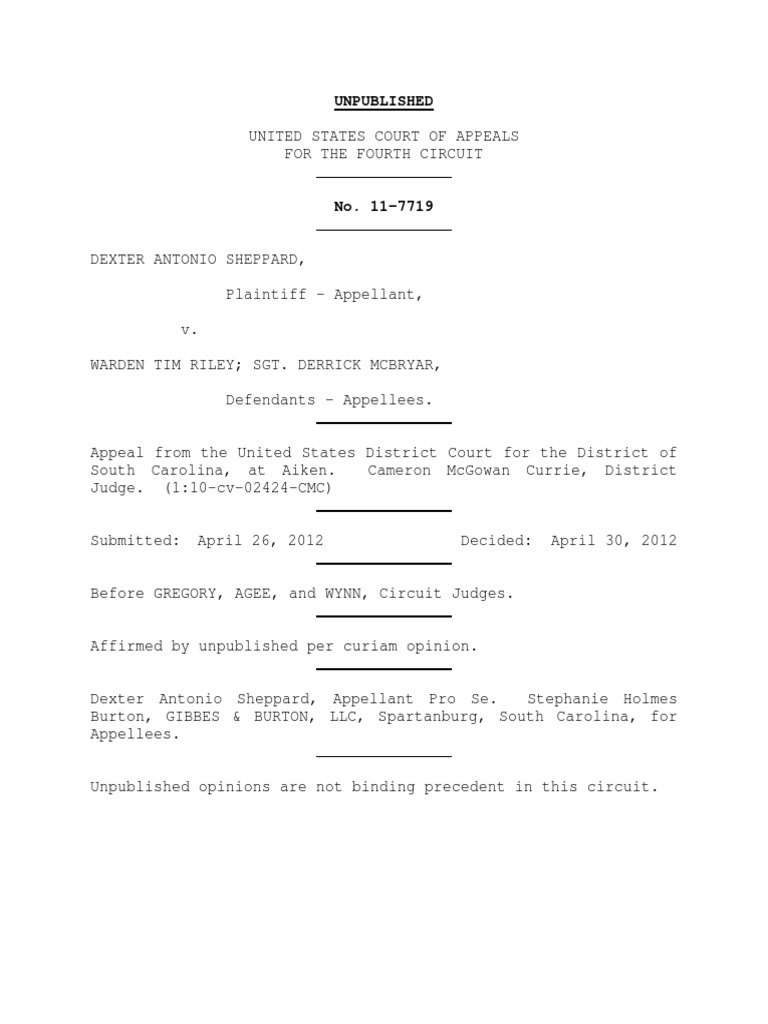 Dexter Sheppard v. Warden Riley, 4th Cir. (2012) | PDF