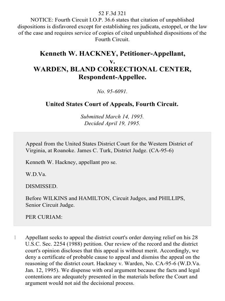 Kenneth W. Hackney v. Warden, Bland Correctional Center, 52 F.3d 321 ...