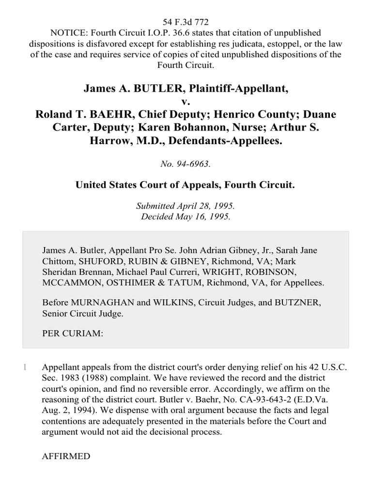 James A. Butler v. Roland T. Baehr, Chief Deputy Henrico County Duane ...