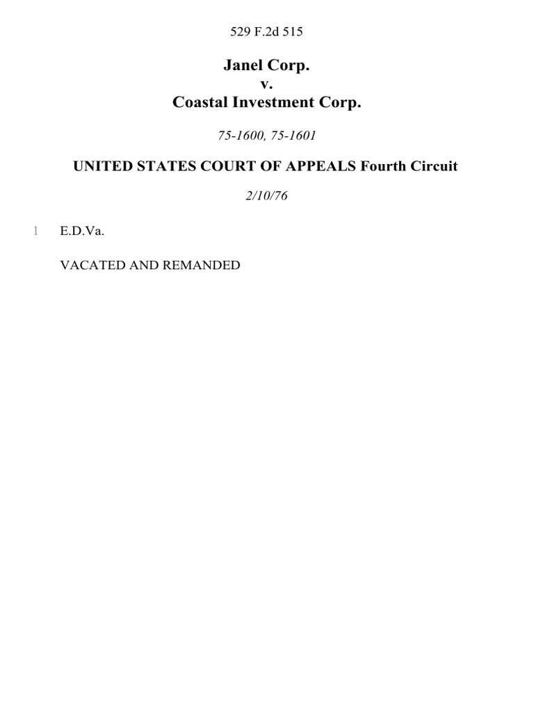 Janel Corp. v. Coastal Investment Corp, 529 F.2d 515, 4th Cir. (1976) | PDF