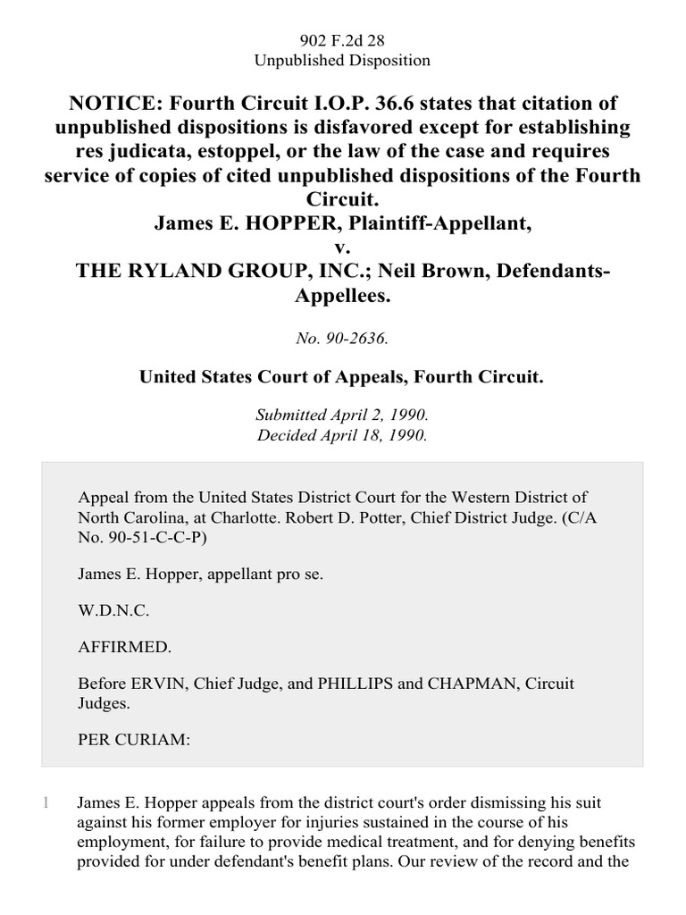 James E. Hopper v. The Ryland Group, Inc. Neil Brown, 902 F.2d 28, 4th ...