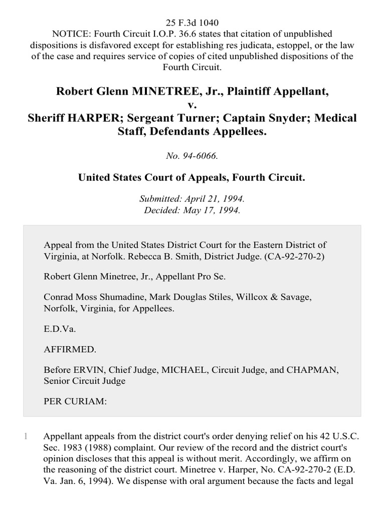 Robert Glenn Minetree, Jr. v. Sheriff Harper Sergeant Turner Captain ...