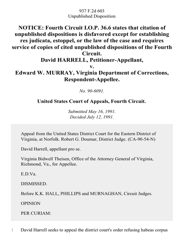 David Harrell v. Edward W. Murray, Virginia Department of Corrections ...