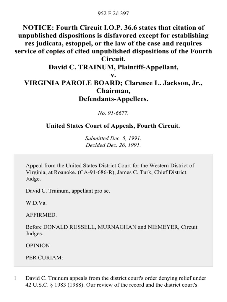 David C. Trainum v. Virginia Parole Board Clarence L. Jackson, JR ...