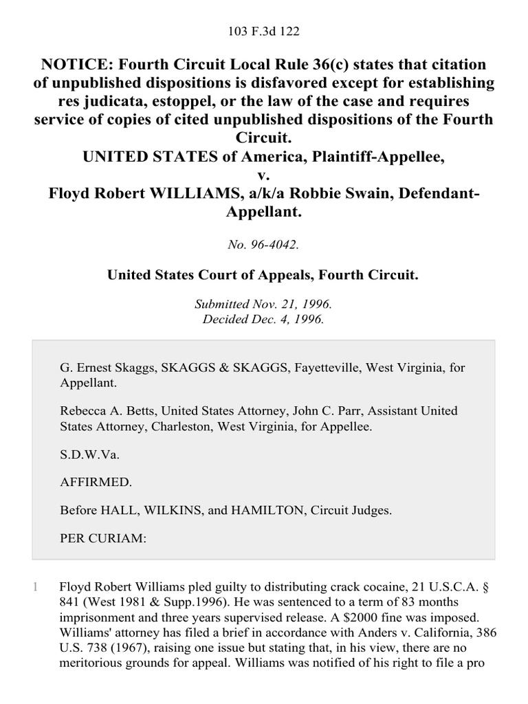 United States v. Floyd Robert Williams, A/K/A Robbie Swain, 103 F.3d ...