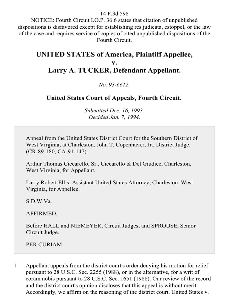 United States v. Larry A. Tucker, 14 F.3d 598, 4th Cir. (1994) | PDF