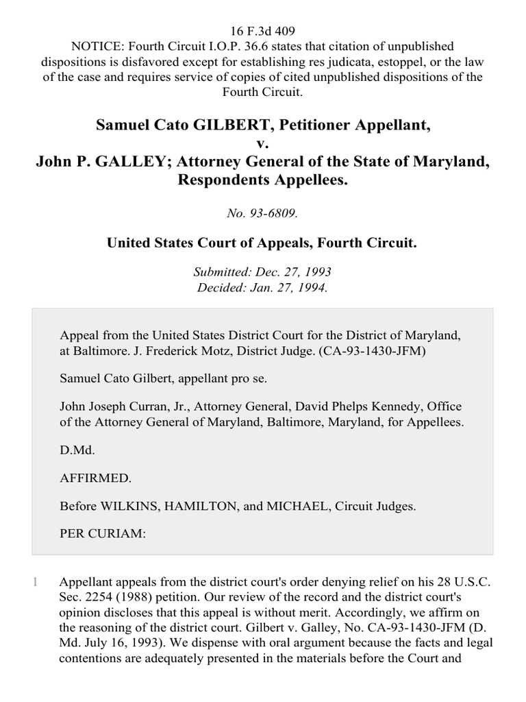 Samuel Cato Gilbert v. John P. Galley Attorney General of The State of ...