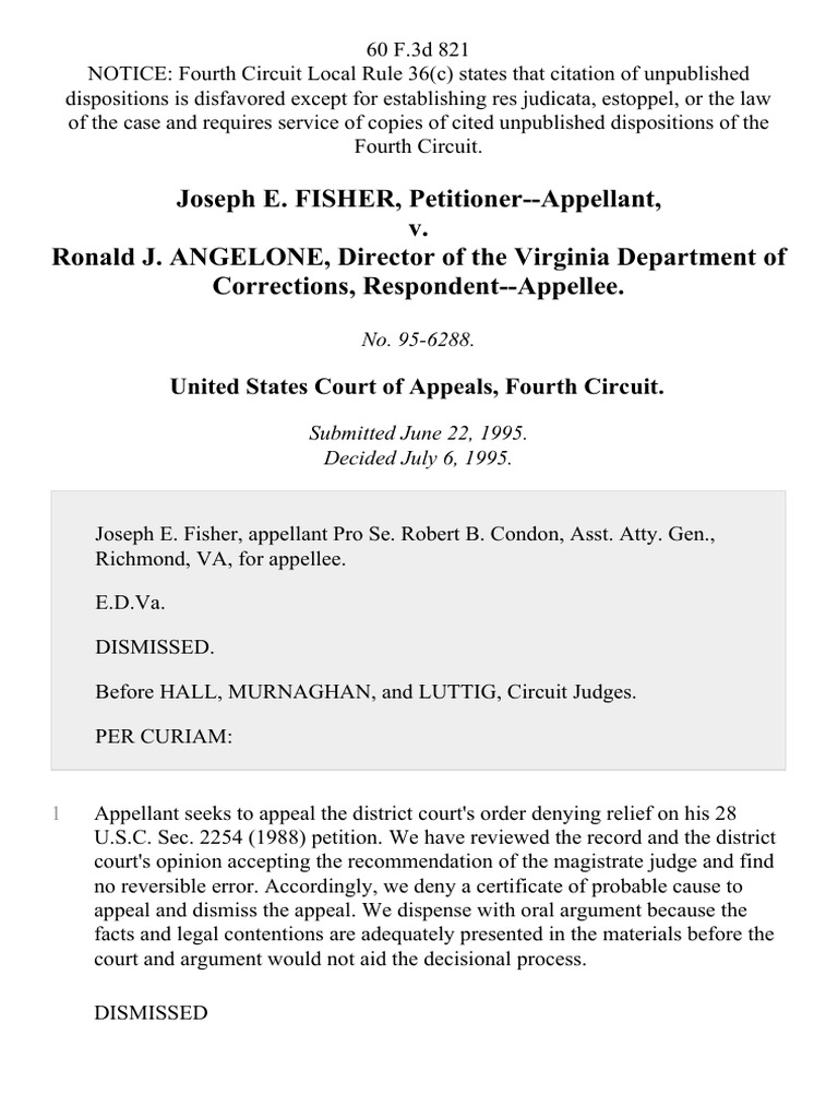 Joseph E. Fisher v. Ronald J. Angelone, Director of The Virginia ...