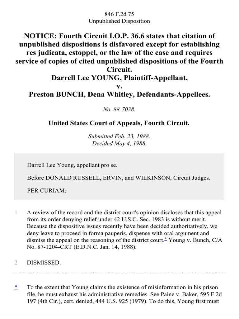 Darrell Lee Young v. Preston Bunch, Dena Whitley, 846 F.2d 75, 4th Cir ...