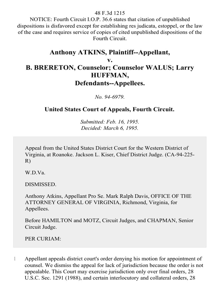 Anthony Atkins v. B. Brereton, Counselor Counselor Walus Larry Huffman ...