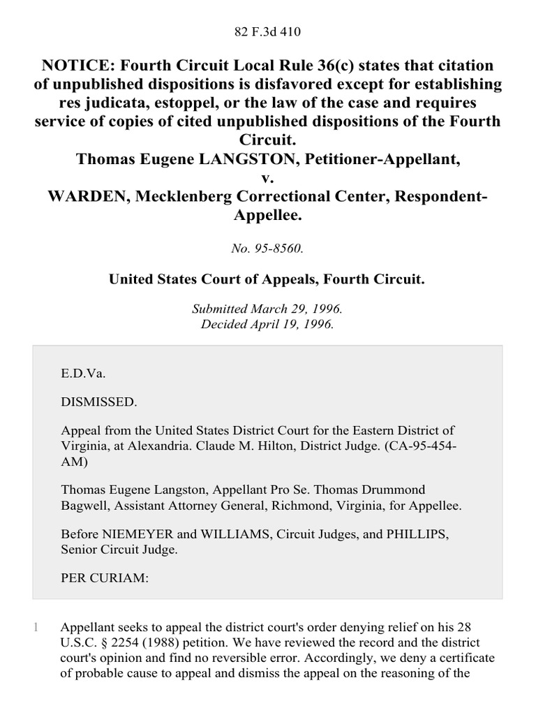 Thomas Eugene Langston v. Warden, Mecklenberg Correctional Center, 82 F.3d 410, 4th Cir. (1996 ...