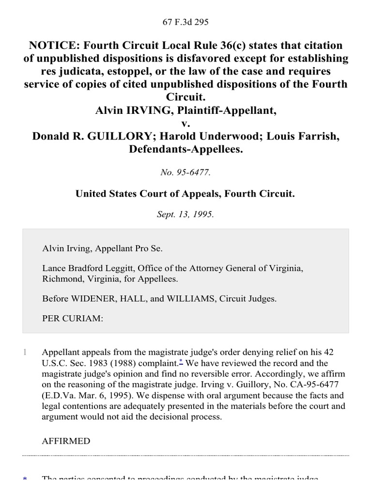 Alvin Irving v. Donald R. Guillory Harold Underwood Louis Farrish, 67 F ...