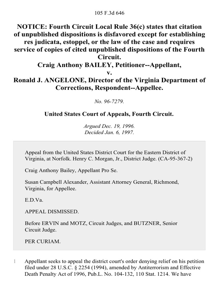 Craig Anthony Bailey v. Ronald J. Angelone, Director of The Virginia ...