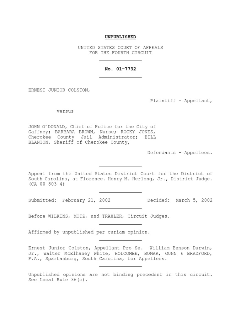 Colston v. O'Donald, 4th Cir. (2002) | PDF