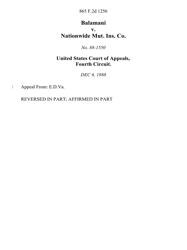 Balamani v. Nationwide Mut. Ins. Co, 865 F.2d 1256, 4th Cir. (1988) | PDF
