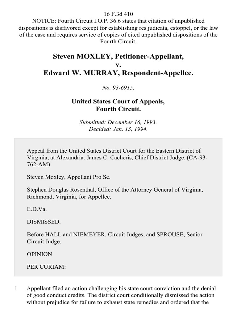 Steven Moxley v. Edward W. Murray, 16 F.3d 410, 4th Cir. (1994) | PDF