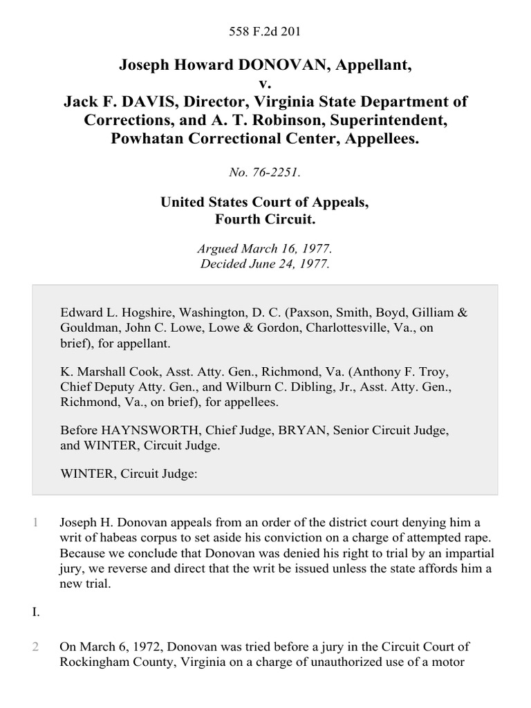 Joseph Howard Donovan v. Jack F. Davis, Director, Virginia State ...