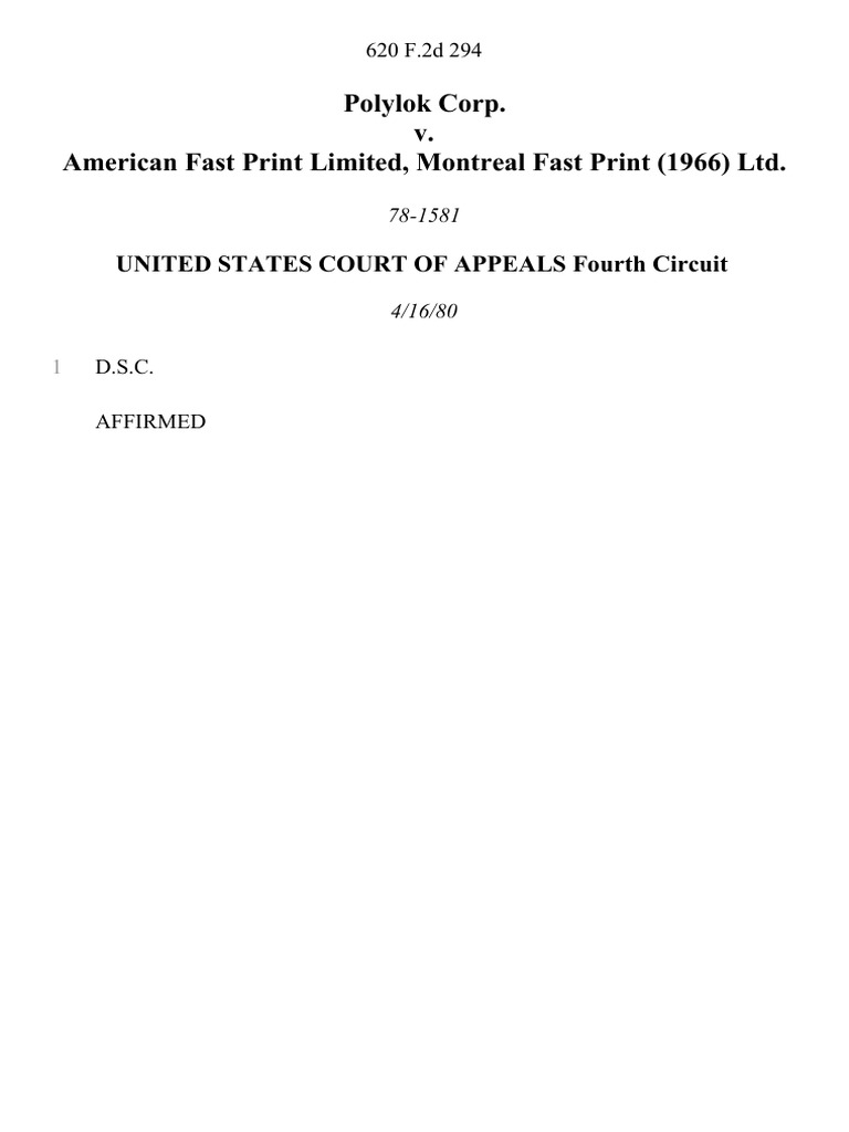 Polylok Corp. v. American Fast Print Limited, Montreal Fast Print (1966 ...