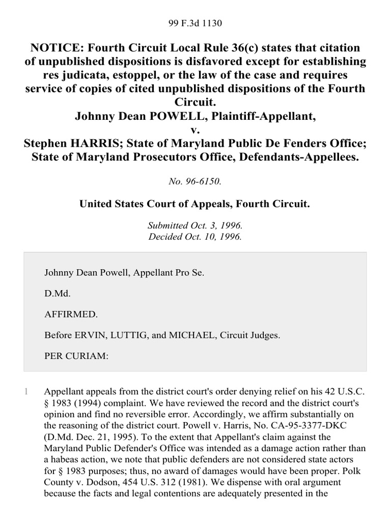 Johnny Dean Powell v. Stephen Harris State of Maryland Public de ...