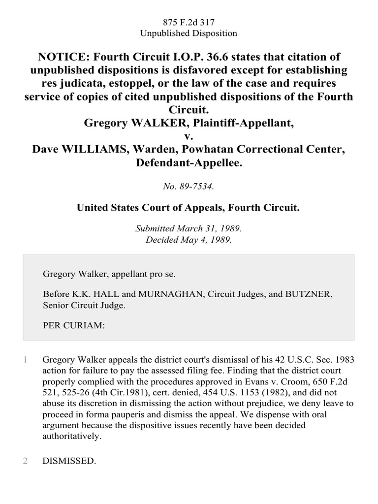 Walker v. Williams: Appeal Dismissed | PDF