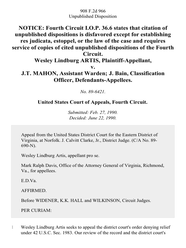 Artis v. Mahon: Fourth Circuit Appeal Ruling | PDF