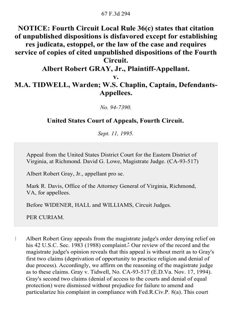 Albert Robert Gray, Jr. v. M.A. Tidwell, Warden W.S. Chaplin, Captain ...