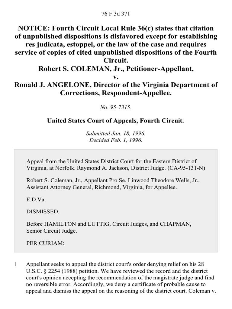 Robert S. Coleman, Jr. v. Ronald J. Angelone, Director of The Virginia ...