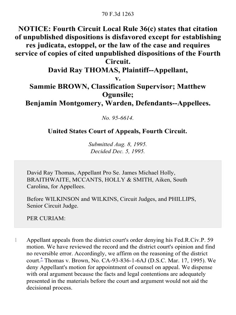 David Ray Thomas v. Sammie Brown, Classification Supervisor Matthew ...