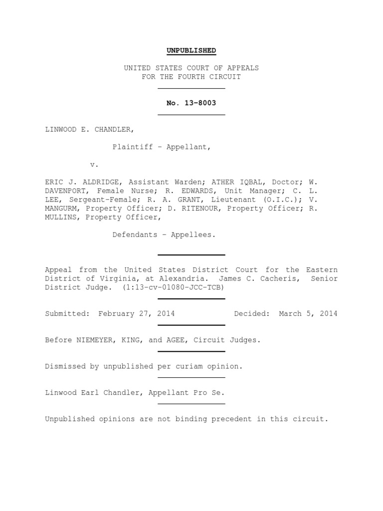 Linwood Chandler v. Eric Aldridge, 4th Cir. (2014) | PDF