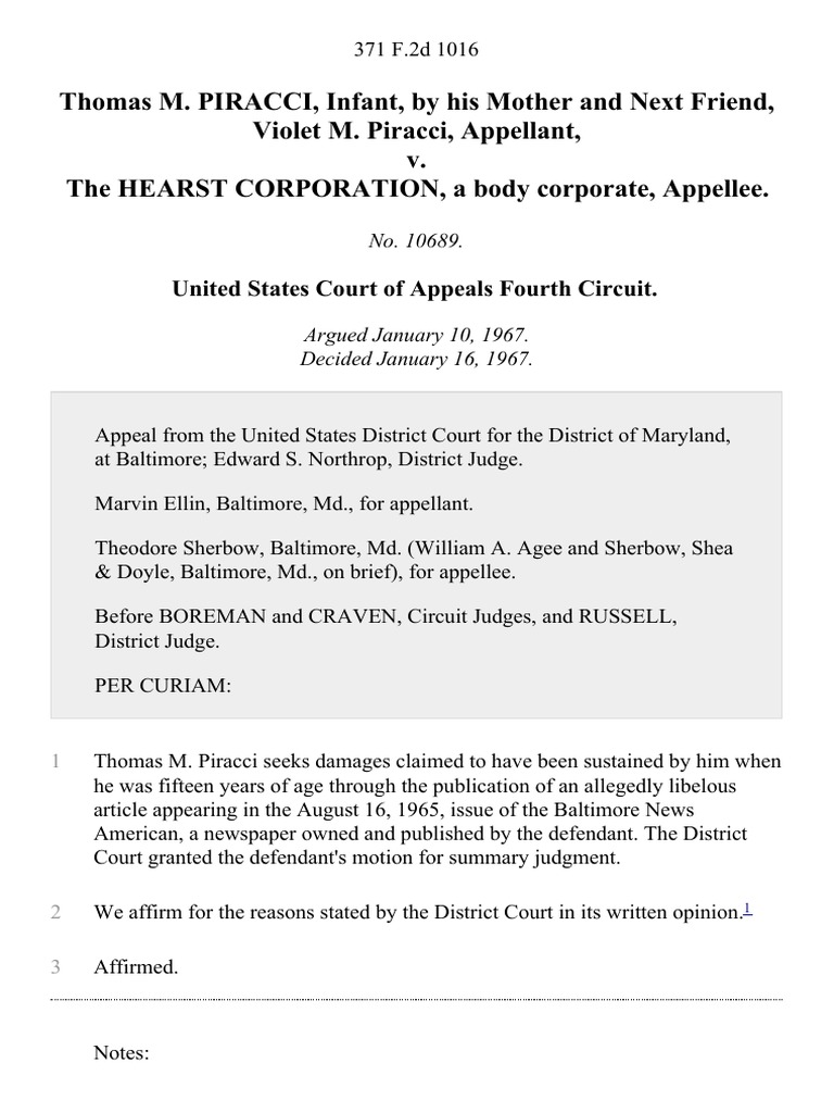 Piracci v. Hearst Corp. Appeal Summary | PDF | Law