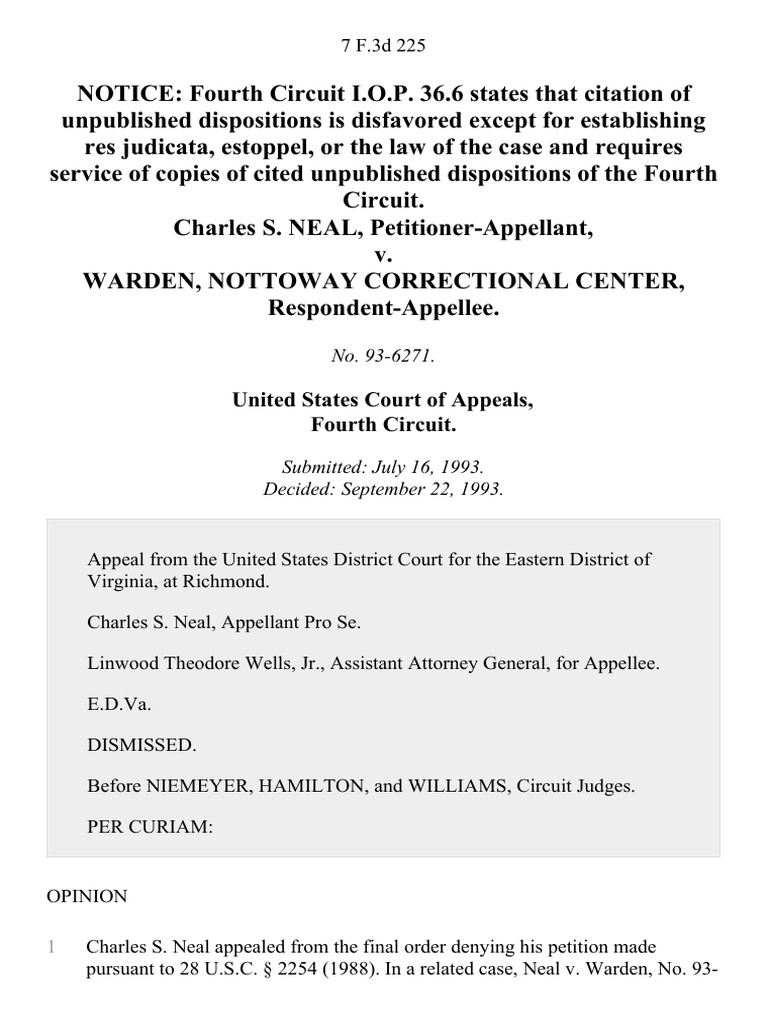 Charles S. Neal v. Warden, Nottoway Correctional Center, 7 F.3d 225 ...
