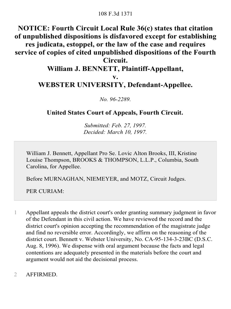 William J. Bennett v. Webster University, 108 F.3d 1371, 4th Cir. (1997 ...