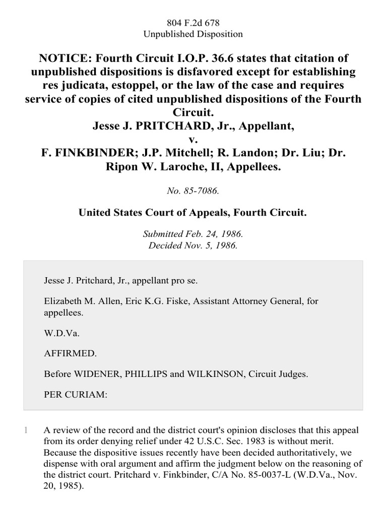 Jesse J. Pritchard, Jr. v. F. Finkbinder J.P. Mitchell R. Landon Dr ...